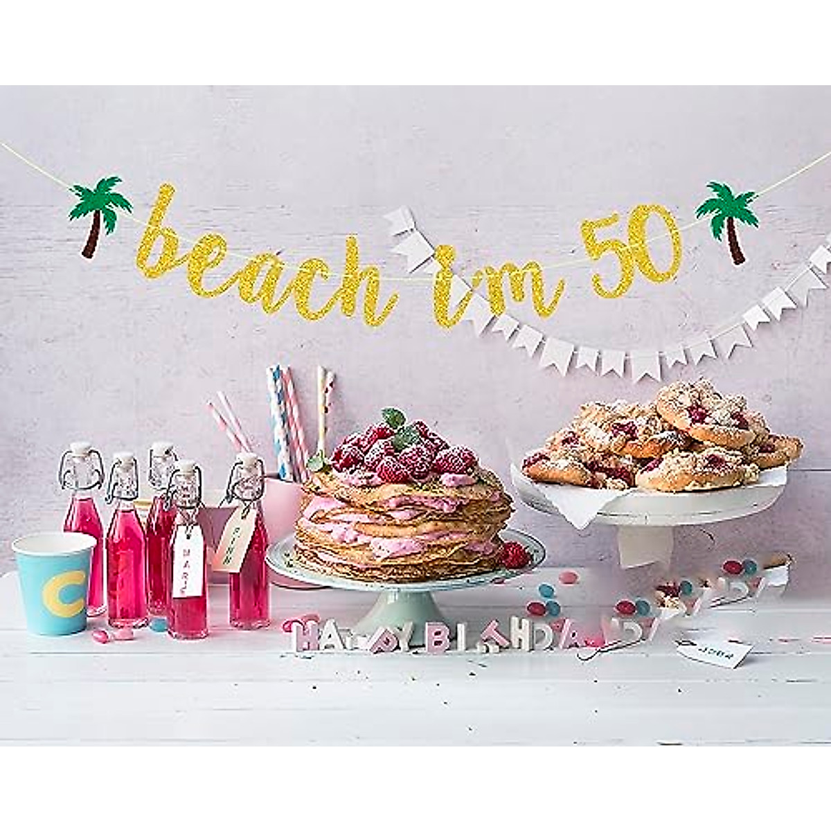 Beach I’m 50 Banner, Happy 50th Birthday Banner, Cheers to 50 Years Banner Decor, Straight Outta 1973 Banner, Fiftylicious Sign Party Decoration Supplies Gold Glitter