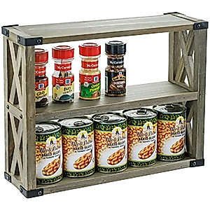 MyGift Wall Mounted Vintage Gray Solid Wood 2 Tier Storage Shelf Rack, Decorative Farmhouse Kitchen Spice Rack Condiment Shelf Organizer with X Design and Black Metal Corner Wrap
