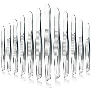 12Pcs Stainless Steel Tweezers Set - Slant Tip Tweezers for Women Eyebrow Tweezers for Men Precision Facial Hair Tweezers for Eyebrows - Long Tweezers Silver Gripper Tweezers for Ingrown Hair Tool