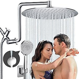 12" Rainfall Shower Head with Handheld Combo, High Pressure Shower Heads with Upgraded 12" Adjustable Curved Shower Extension Arm, 6 Settings Handheld Shower Head Built-in Power Wash Anti-leak（Chrome）