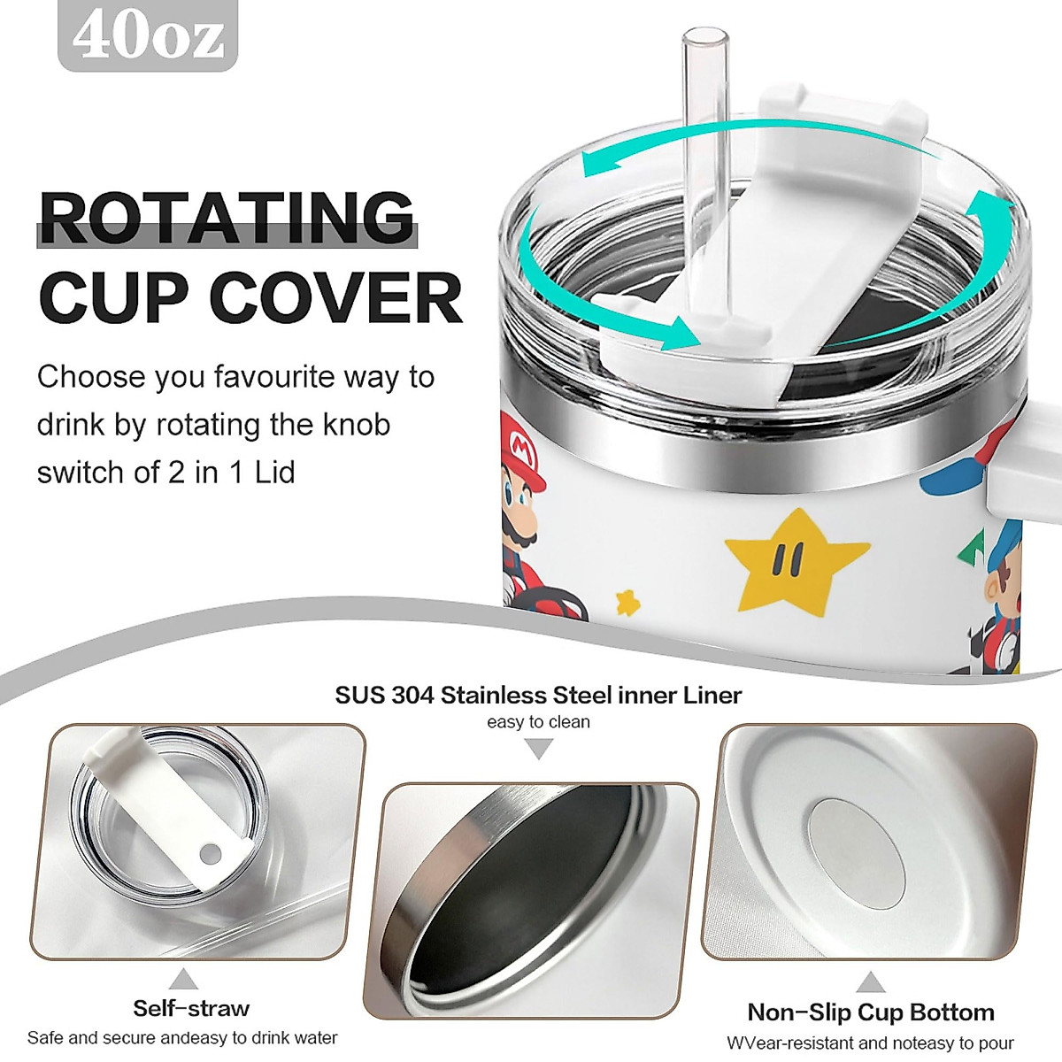 FOCIUZTA 40oz Playful Mario Kart Pattern Tumbler with Lid, Travel Coffee Cup, Ideal for Easter, Gaming Enthusiast, Mother Day, and Birthday Gifts