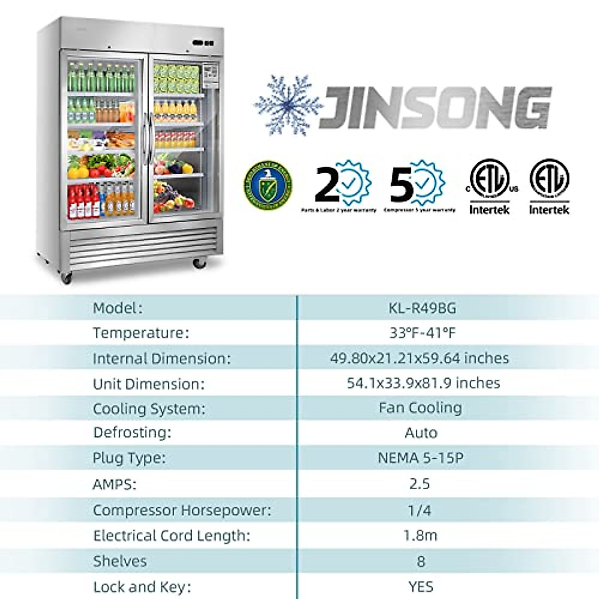JINSONG 54" Commercial Display Refrigerator with 2 Glass Door, 2 Section Stainless Steel Reach-in Beverage Display Refrigerator with LED Lighting & 8 shelves for Restaurant, Bar, Shop, 49 Cu.ft