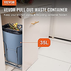 VEVOR Pull Out Trash Can, 37 Quart Recycling Bin with Silent Slide, 110 lbs Load Capacity Heavy Duty Garbage Under Mount Kitchen Waste Container for Kitchen Cabinet, Sink