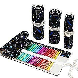 LELEBEAR Handmade 36/48/72 Slots Canvas Pencil Wrap Roll up Pen Holder Case for for Student Artist Drawing Coloring Organizer Stationery (StarSky, 36 Slots)