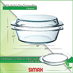Simax Casserole Dish with Lid, 2 Quart Round Glass Casserole Dishes for Oven with Lid and Handles, Baking Dishes for Oven Covered Bowl for Cooking, Baking, Serving, Microwave, Dishwasher, and Oven Safe Cookware