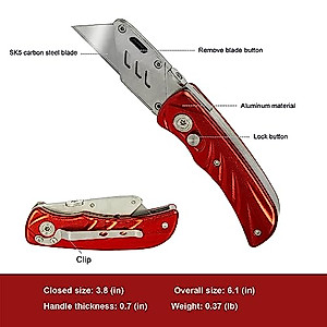 Folding Utility Knife/Box Cutter Stainless Steel with Clip + Nylon Pouch + 5 Extra SK5 Blades Red