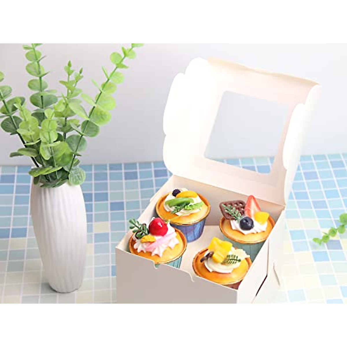 PQZKLDP 12Packs 6x6x5 Inches White Cake Boxes with Window, Gift Packing, Bakery Boxes, Dessert, Pastry, Cupcake, Pie Cookies, With Stickers,66 FT Twine (6 * 6 * 5 Inch, White)