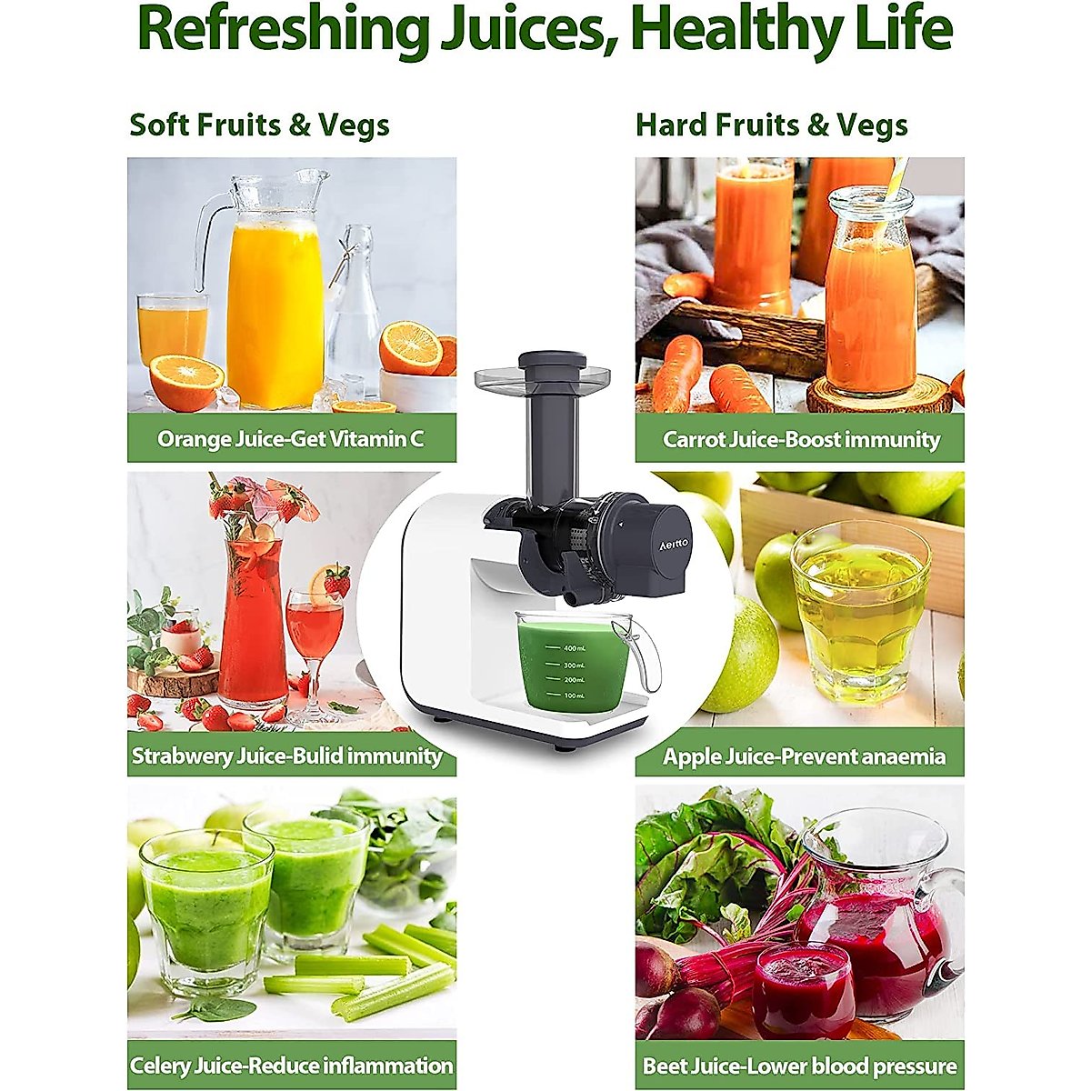 Slow Juicer, Aeitto Cold Press Juicer, BPA Free Juicer Machines Easy to Clean, Celery Juicer with Quiet Motor & Reverse Function, Masticating Juicer for Vegetable and Fruit