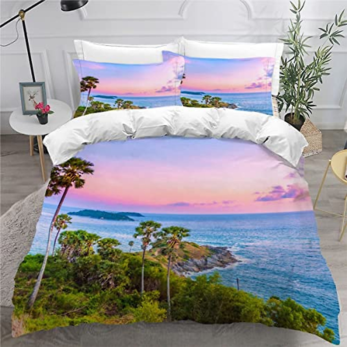 Quilt Cover Twin Size Thailand Scenery 3D Bedding Sets Sea, Coconut Trees Duvet Cover Breathable Hypoallergenic Stain Wrinkle Resistant Microfiber with Zipper Closure,beding Set with 2 Pillowcase