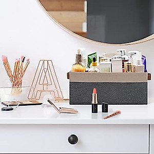 GhvyenntteS Storage Baskets for Organizing, Fabric Storage Bins with Leather Handles, Foldable Rectangular Storage Baskets for Shelves, Closets, Home, Office, Empty Gift Baskets (Black/White & Grey/Be