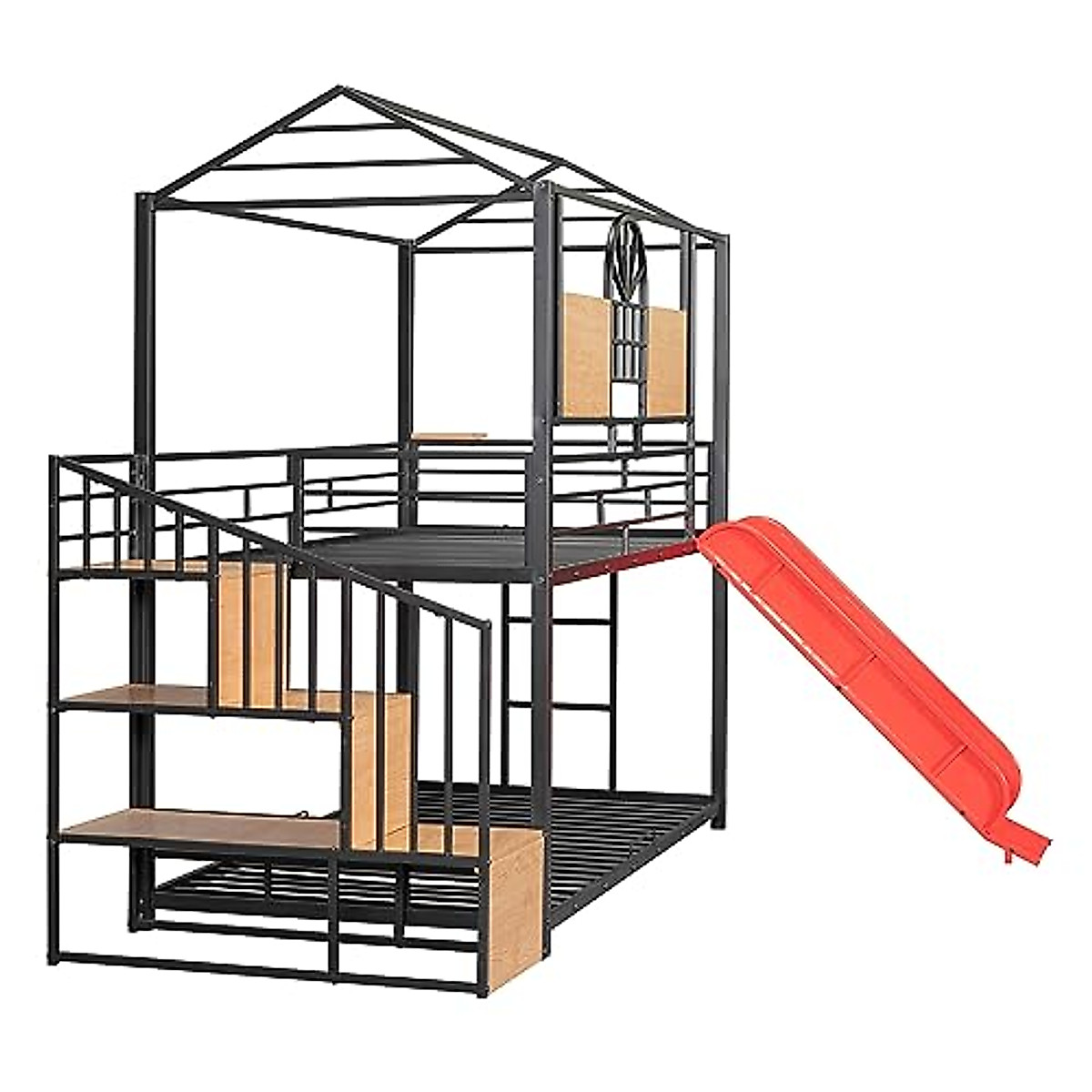 BOVZA House Bunk Bed with Slide and Stairs, Twin Over Twin Metal Bunk Beds Frame with Roof and Storage Staircase for Kids Boys Girls Teens, Black+Red
