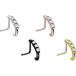 PIERCINGLINE 20G Surgical steel 316L nostril piercing jewelry | 3 BIG CRYSTALS | nose stud L-shaped