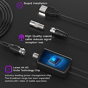 TV Antenna, 2023 Newest HDTV Indoor Digital TV Antenna 450 Miles Range with Amplifier Signal Booster 4K HD Free Local Channels Support All Television - 15ft High Performance Coax Cable (Black)