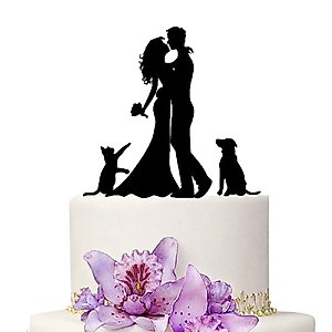 YAMI COCU Wedding Cake Toppers Bride and Groom With Cat And Dog Animal Black Color Acrylic Silhouette Wedding Party Engagement Decoration