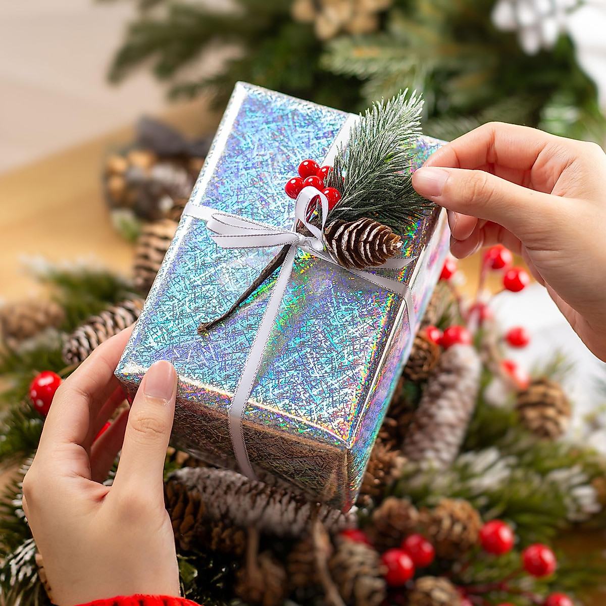 Homeral Mini Holographic Wrapping Paper Roll-46.8sqft(17inch*32.8ft) Silver Shine Stripe Line for Christmas, Birthday, Wedding, Baby Shower, Bridal Shower, Graduate Party, Valentine's Day