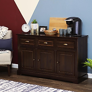 Sunnydaze Solid Pine Sideboard Cabinet with 3 Drawers and 3 Doors - Features Adjustable Inner Cabinet Shelf - Zinc Alloy Hardware - Dark Brown- 32-Inch