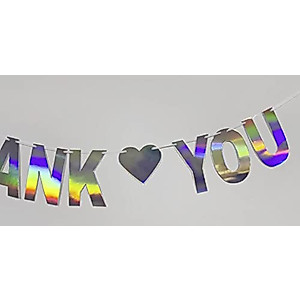 Blukey Holographic Thank You Banner Hanging Bunting String Flag Iridescent White Thanksgiving Banners and Signs