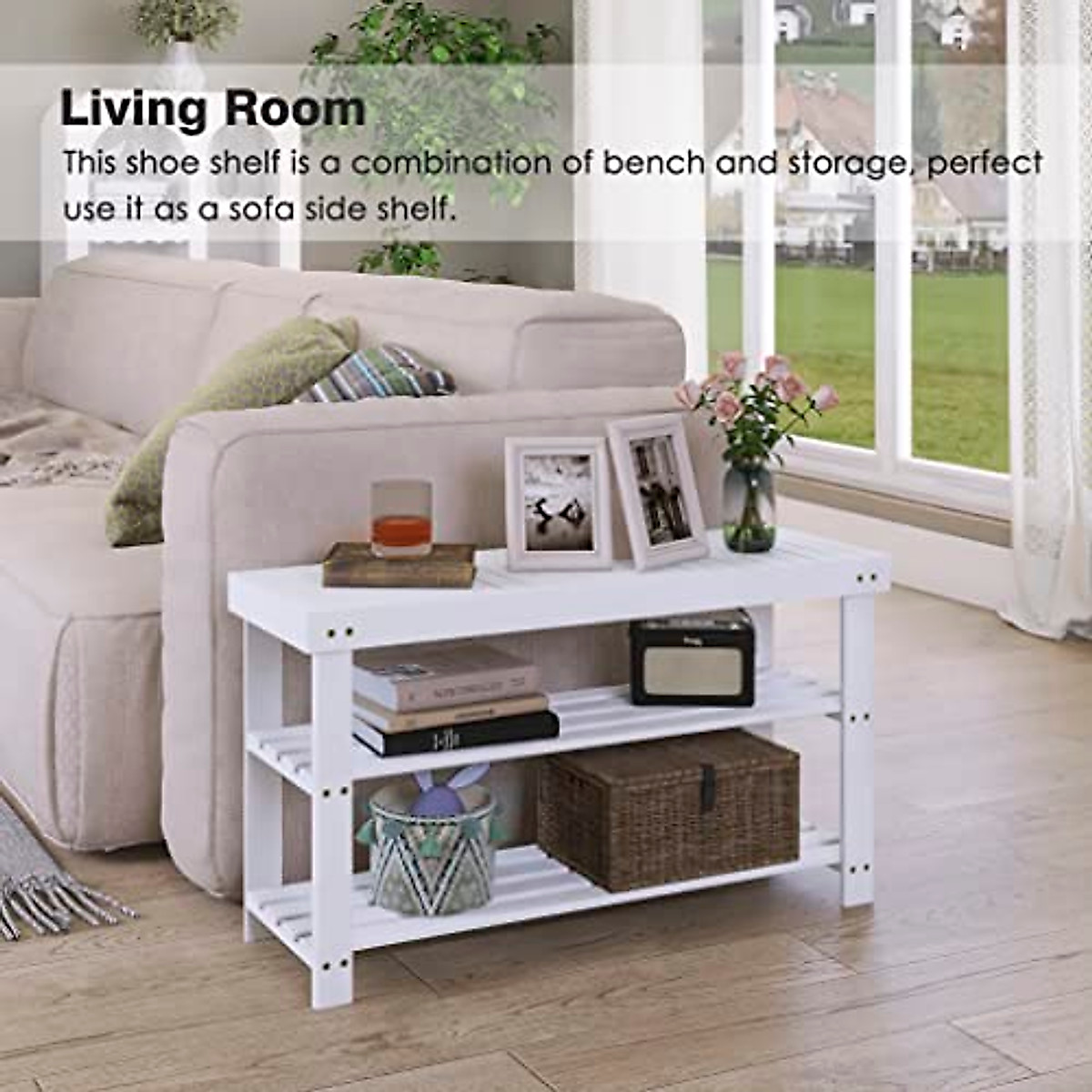 SMIBUY Bamboo Shoe Rack Bench, 3-Tier Shoe Organizer Storage Shelf for Entryway Hallway Bathroom Living Room (White)