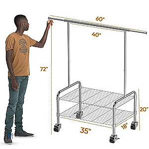 Clothes Rack, Heavy Duty Load 620lbs, Clothing Rack with Wheels Commercial Garment Rack for Hanging Clothes Rack, Portable Rolling Clothes Rack with 2 Tier Storage Shelf, Adjustable Length 40"-60"