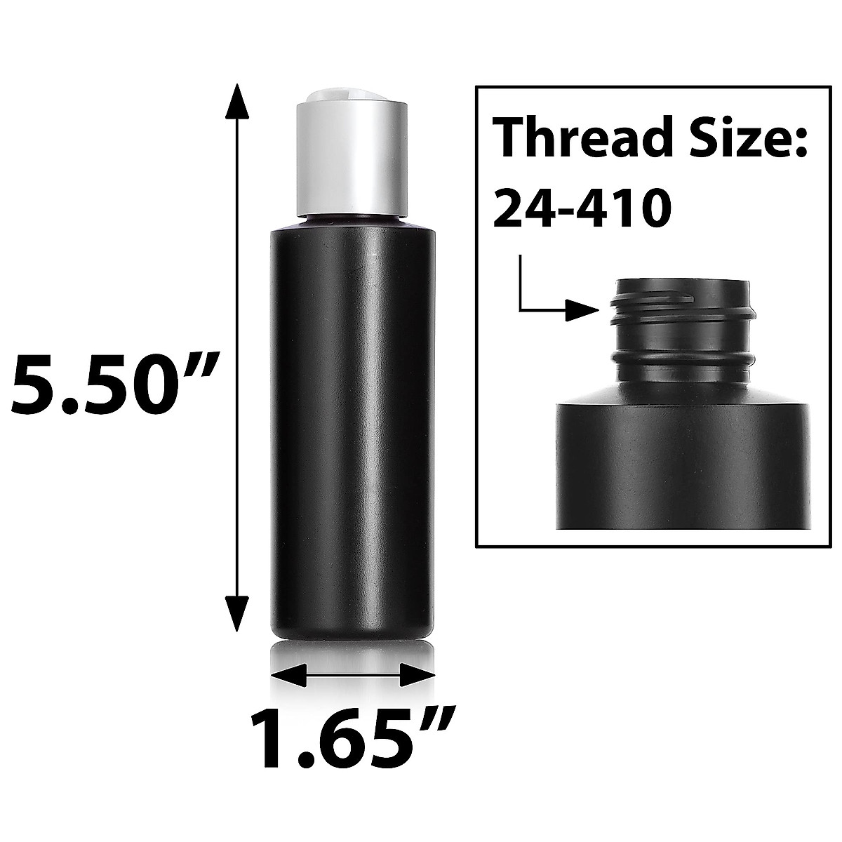 JUVITUS Black 4 oz Squeeze Cylinder Plastic (BPA Free) Empty Refillable Bottle with Silver Smooth Disc Caps (6 Pack) + Labels