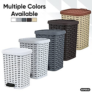 Superio 6.8 Gallon Wicker Step On Trash Can with Foot Pedal – Outdoor and Indoor Trash Can, Waste Basket for Bathroom, Kitchen, Office, Patio, or Backyard – White Smoke