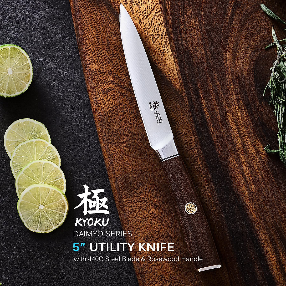 KYOKU 5 Inch Utility Knife - Daimyo Series - Multipurpose Chef Knife with Ergonomic Rosewood Handle, & Mosaic Pin - Japanese 440C Stainless Steel Kitchen Knife with Sheath & Case