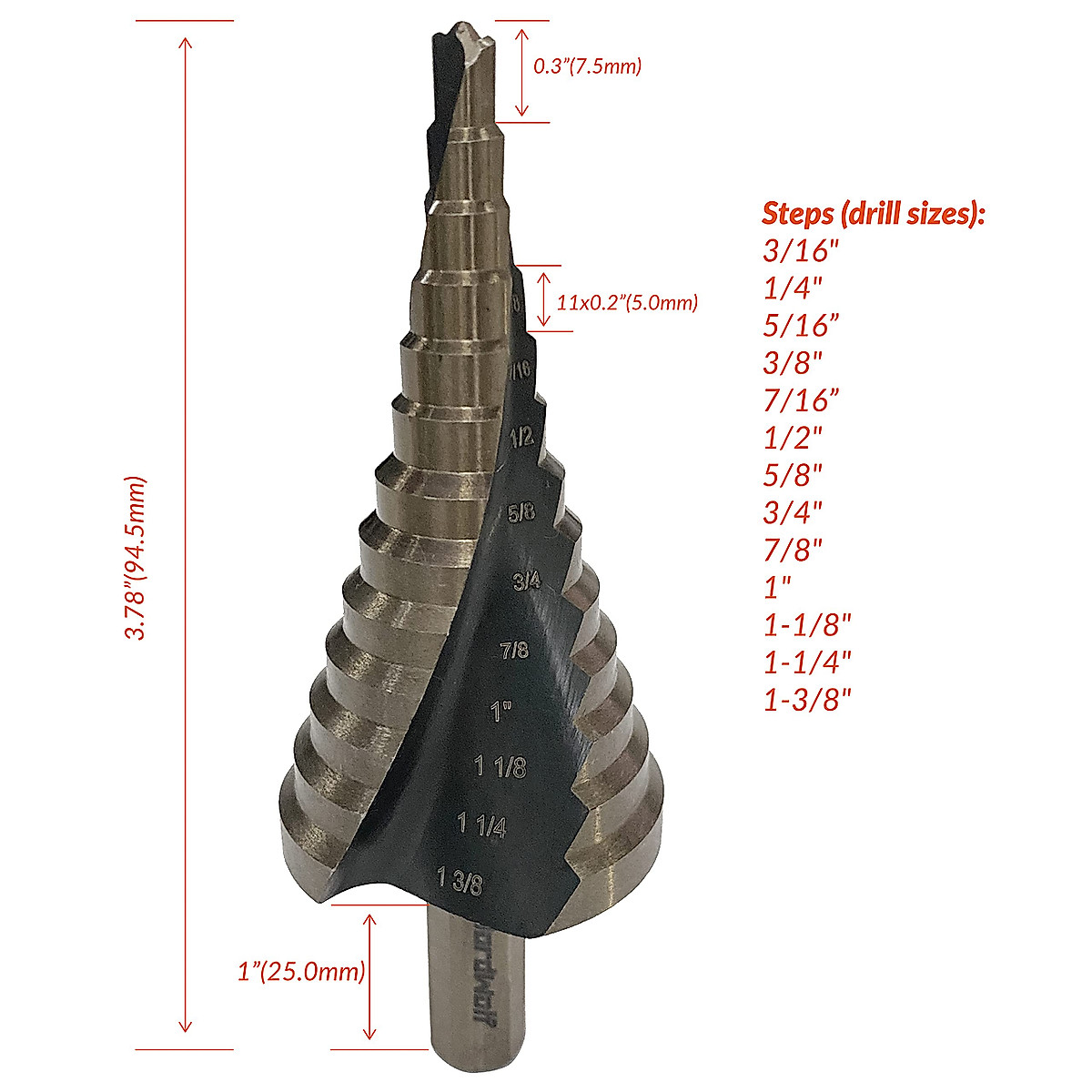 NordWolf M35 Cobalt SAE Step Drill Bit, Spiral Groove Double Flute Multiple Hole Unibit for Stainless Steel & Metal Sheet, 13 Imperial Step Sizes 3/16" to 1-3/8"