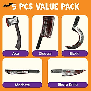 JOYIN 5 Pcs Knife Weapons Halloween Decorations Outdoor Indoor Toys Halloween Home Decor Haunted House Fake Blood, Machete Axe Cleaver Sickle