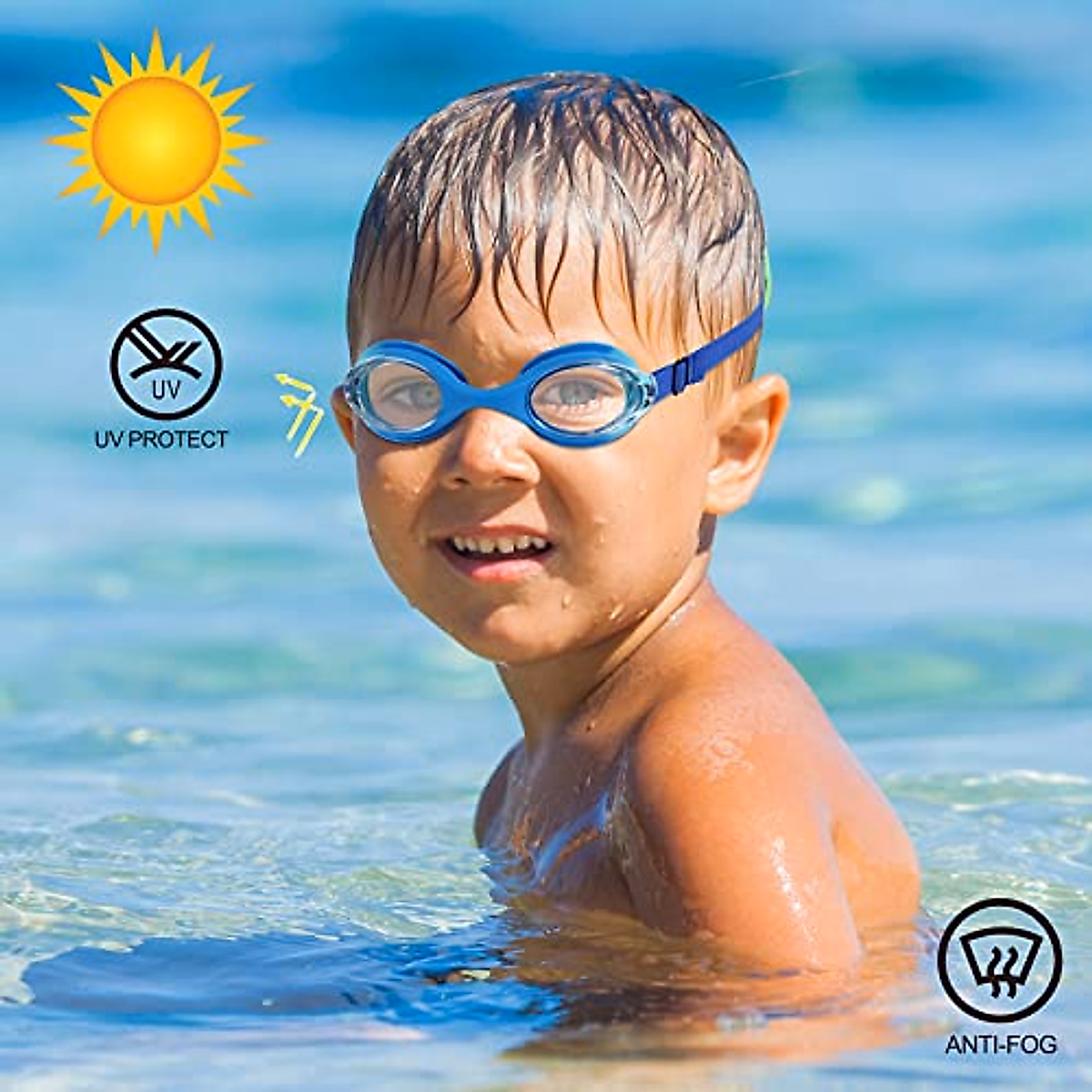 RUIGAO Kids Goggles for Swimming 4-7, Toddler Swim Goggles No Tangle, Blue Goggles for Boyss， Swimming Goggles with Elastic Strap & Pain Free Head Band