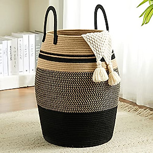 105L Extra Large Laundry Hamper Basket by Fiona's magic, Woven Tall Clothes Hamper for Storage Blanket, Toys and Dirty Cothes in Bedroom and Living Room Organizer, Brown & Black