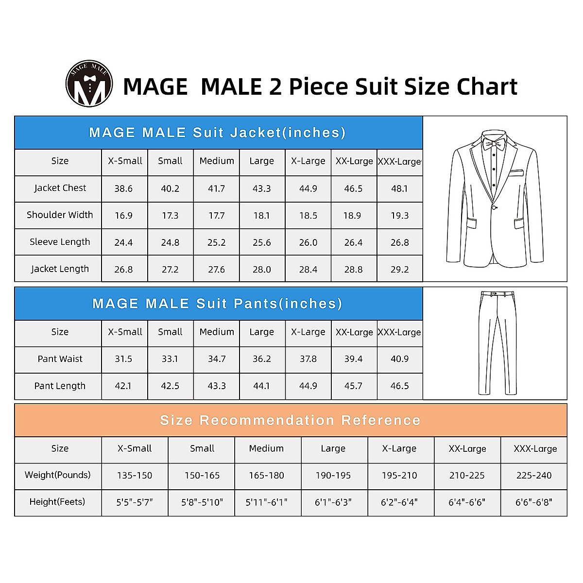 MAGE MALE Men's 2 Piece Suit Notched Lapel One Button Slim Fit Formal Wedding Prom Tuxedo Suits Blazer Pants with Bow Tie Set
