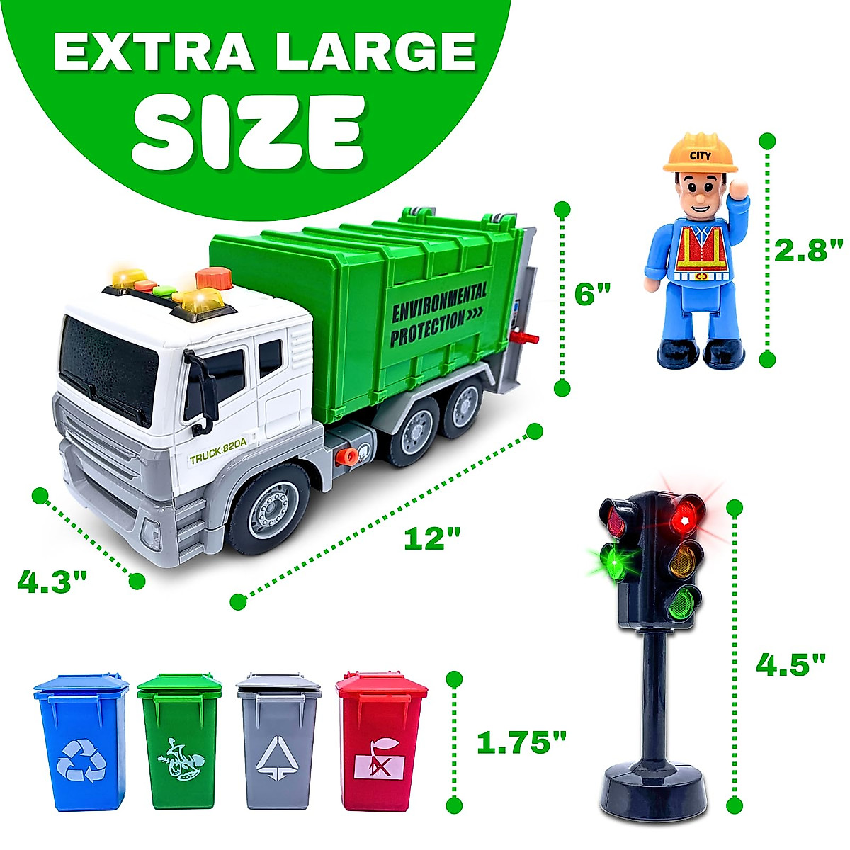 PlenPLAY Garbage Truck Toys 11 in 1 Playset - Realistic Trash Truck with 4 Trash Cans, Lifter Dumping Function, 1 Traffic Light, 4 Set Trash Cards, 1 People Figures - Toys for Boys 3+ Years Old