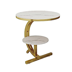 Modern Round Side Table w/Marble Top and Storage Shelf 2 Tier Couch End Table Pedestal Table 20 Inch C-Shaped Snack Coffee Table Display for Living Room Bedroom