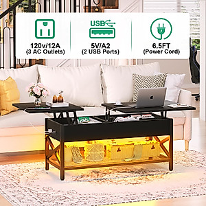 Besiost Lift Top Coffee Table with Storage, LED Light & Power Outlet and Hidden Compartment, Retro Center Table for Living Room, X Support Wood Tabletop, Metal Frame