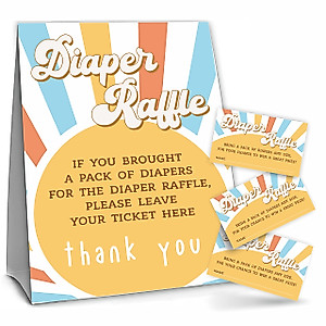 YKYENR Diaper Raffle Baby Shower Party, Diaper Raffle Game Kit，1 Diaper Raffle Standing Sign & 50 Tickets，Retro Pop Theme Baby Shower Decorations，Party Favor And Supplies-NBLK-A02