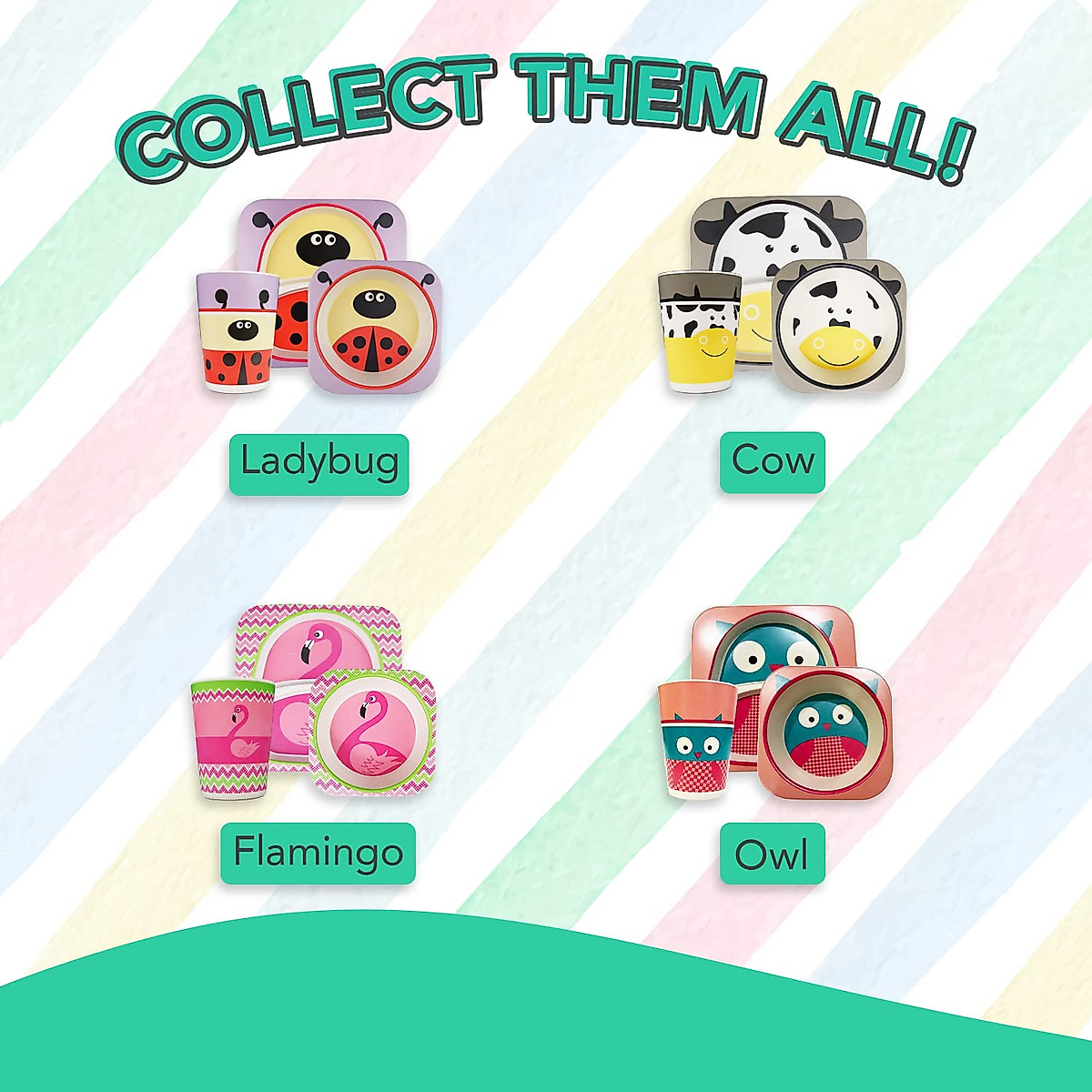 Thoneed Bamboo Kids Plate and Bowl Set | Matching Dishes for Toddlers Ages 1+ | 5 Piece Divided Dinnerware Set Includes Plate, Bowl, Cup & Utensils | Reusable, BPA Free & Dishwasher Safe (Cow)