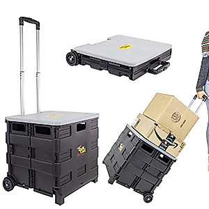 dbest products Quik Cart Collapsible Rolling Crate on Wheels for Teachers Tote Basket 80 lbs Capacity, Made from Heavy Duty Plastic and Used as a Seat, Grey