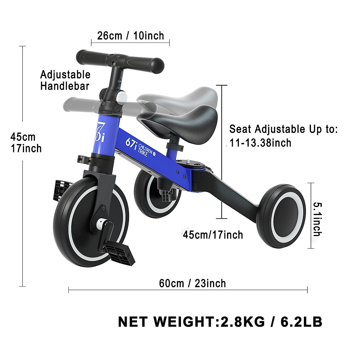 67i 3 in 1 Tricycle for 1-3 Year Old Toddler Bike Kids Tricycles for 1-3 Year olds Toddler Tricycle Kids Trikes Adjustable Seat and Removable Pedal Baby Balance Bike Boys Girls (Blue)