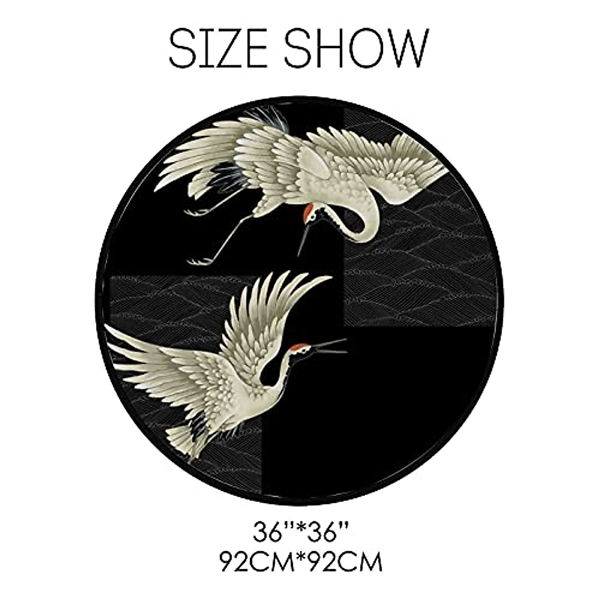 Kuizee Round Area Rug Mat Japanese Crane Black Living Room Bedroom Bathroom Kitchen Home Decor Coral Velvet Non-Slip Round Carpet 36 Inch