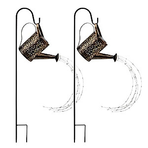 Dynaming 2 Pack Art Light LED Solar Waterfall Watering Can, Outdoor Decorative Garden Light, Retro Waterproof Copper Yard Party Decoration Stake Light for Pathway Lawn Patio Deck Walkway Courtyard