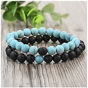 qianziqianse Black Matte Agate & Turquoise His and Hers Bracelets 8mm Sandstone Couple Bracelet Distance Bracelets XIAOLI (Turquoise Black 2pcs/Set)