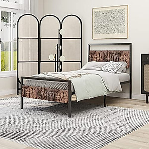 alazyhome Modern Industrial Twin Size Bed Frame Metal Platform with Rustic Wooden Headboard and Footboard, No Box Spring Needed, Noise Free, Easy Assembly Black