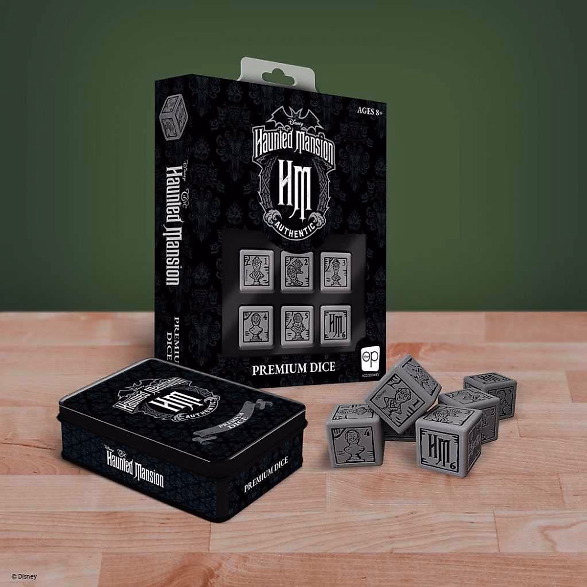 USAOPOLY Disney The Haunted Mansion Premium Dice Set | Collectible d6 Dice | Custom Dice with Collectible Tin Case | Officially Licensed Disney 6-Sided Dice
