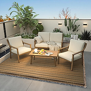 HAPPATIO 4-Piece Patio Furniture Set - Outdoor Aluminum Patio Conversation Set Includes 1 Loveseat, 2 Armchairs, and 1 Coffee Table, Perfect for Porch, Deck, Garden, (Beige)