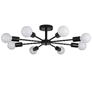 Black Modern Sputnik Chandelier Ceiling Light 8-Light Sputnik Light Fixture Black Mid Century Semi Flush Mount Celing Lights Fixture for Living Dining Room Bedroom Kitchen Foyer Office