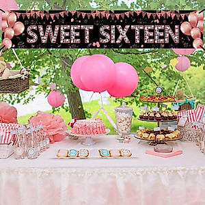 Happy 16th Birthday Banner Decorations for Girls, Rose Gold Sweet Sixteen Birthday Party Supplies, 16 Years Old Birthday Photo Booth Sign(9.8x1.6ft)