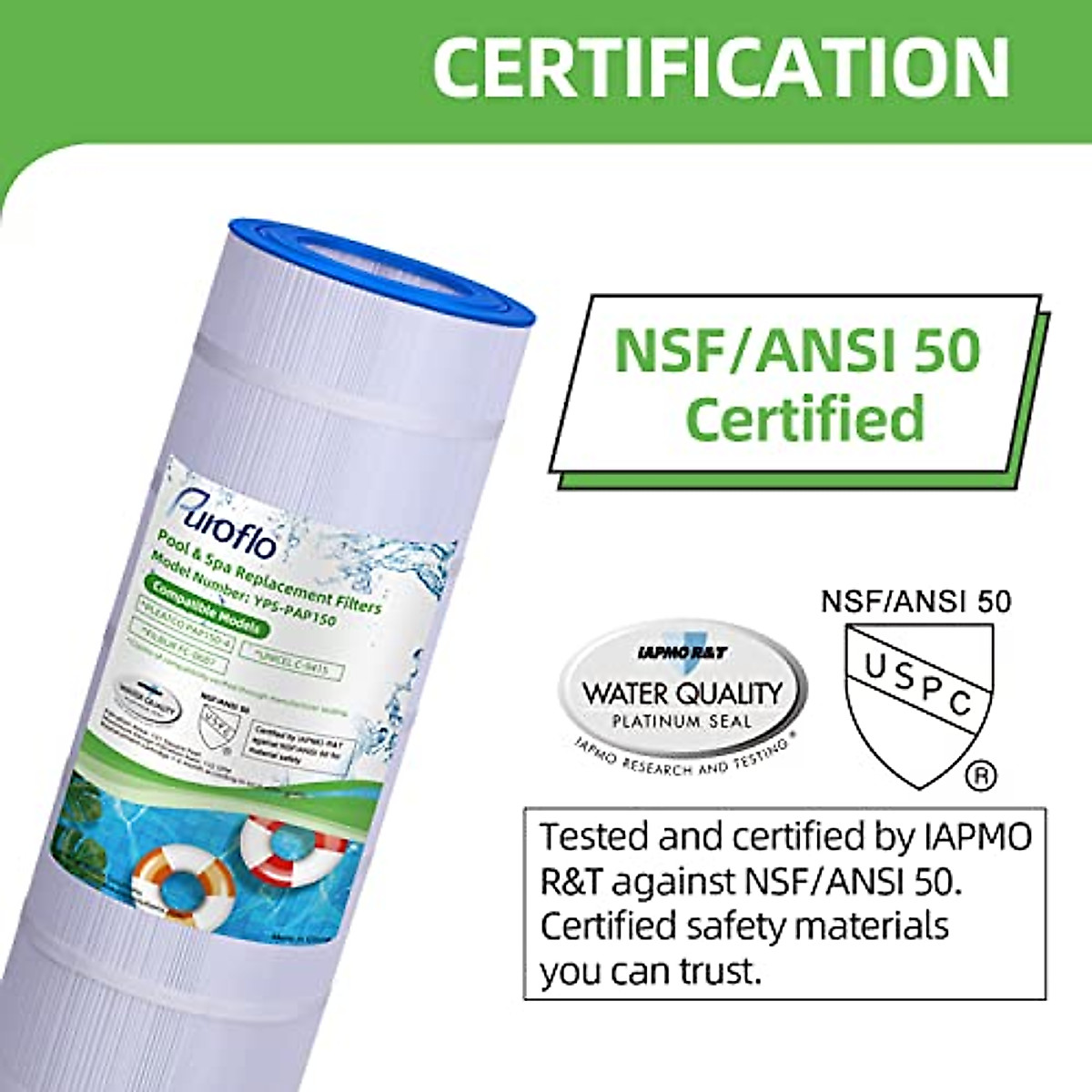 PUROFLO YPS-PAP150 Pool Filter Replace for Pentair CC150, CCRP150, PAP150, PAP150-4, Unicel C-9415, R173216, 59054300, Filbur FC-0687, 160317, 160355, 160352, Predator 150 Cartridge, 150 Sqft, 1 Pack