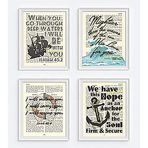 Nautical Bible Verse Christian Art Prints, Set of 4, Isaiah 43:2, Isaiah 46:4, Psalm 93:4, Hebrews 6:19, Unframed, Bible Verse Scripture Wall Decor Poster, 8x10 Inches
