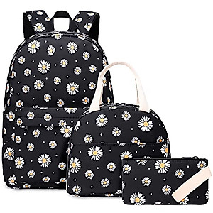 Kouxunt Daisy Girls School Backpacks for Kids Teens, 3-in-1 School Bag Bookbags Set with Lunch Bag Pencil Case (Black)