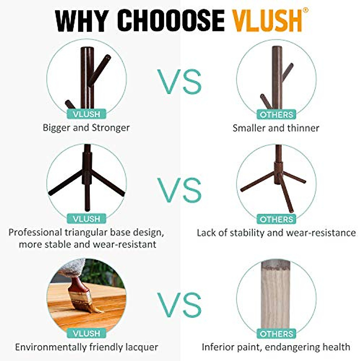 Vlush Sturdy Wooden Coat Rack Stand, Entryway Hall Tree Coat Tree with Solid Base for Hat,Clothes,Purse,Scarves,Handbags,Umbrella-(8 Hooks,Brown)